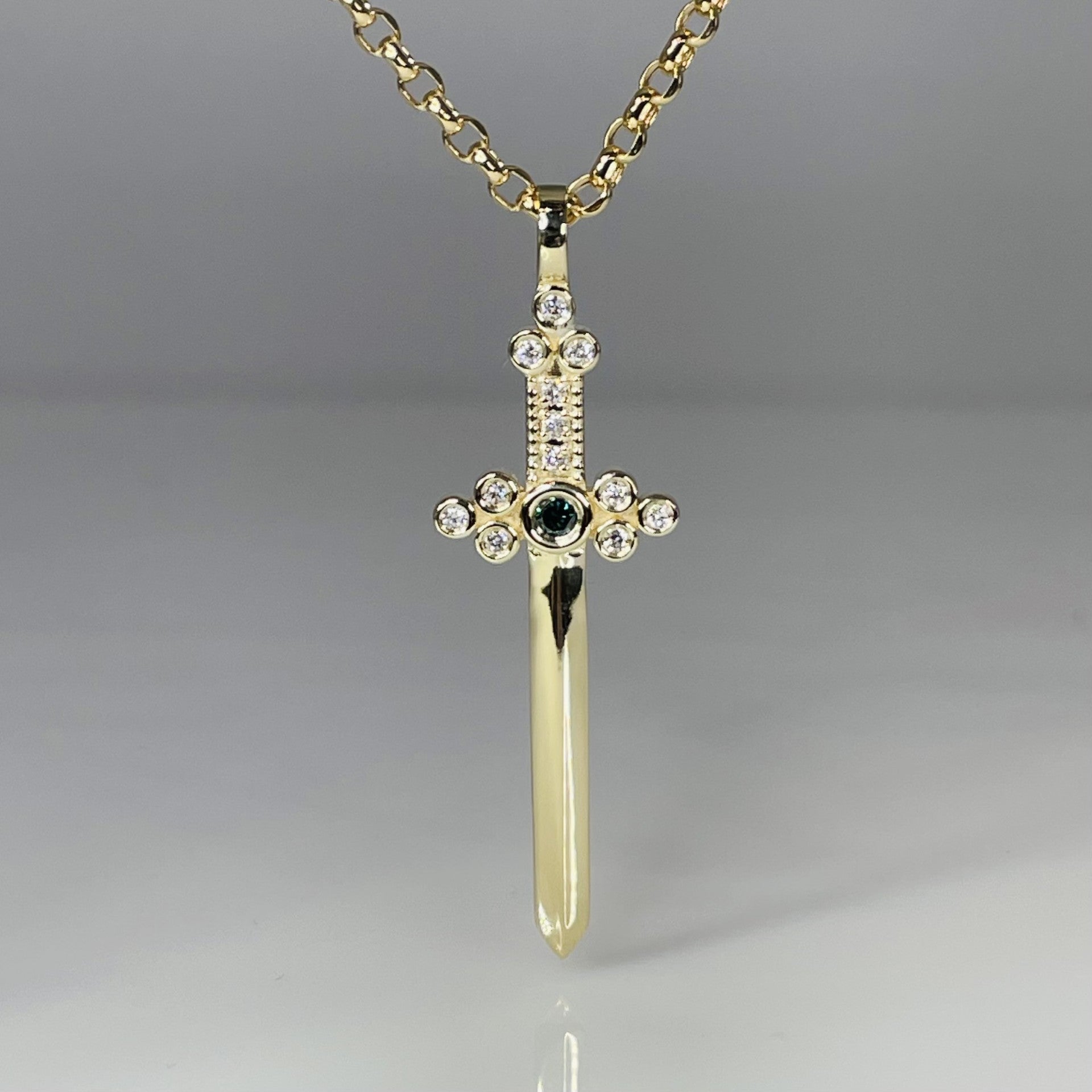 14K Yellow Gold Blue Diamond Sword Necklace 0.08/0.19ct 15x42mm ...