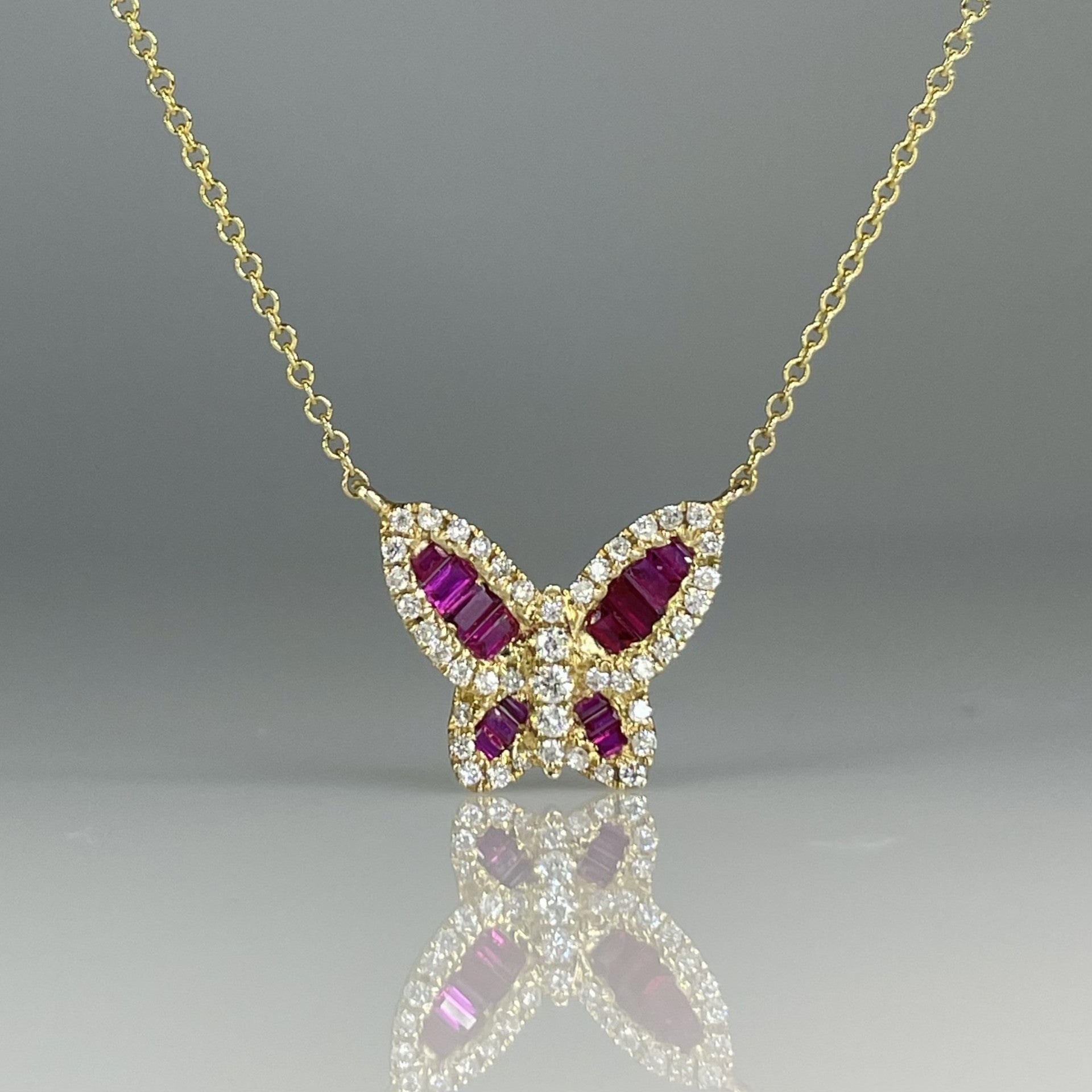 14K Yellow Gold Diamond & Ruby Butterfly Pendant Necklace 0.28/0.17ct ...