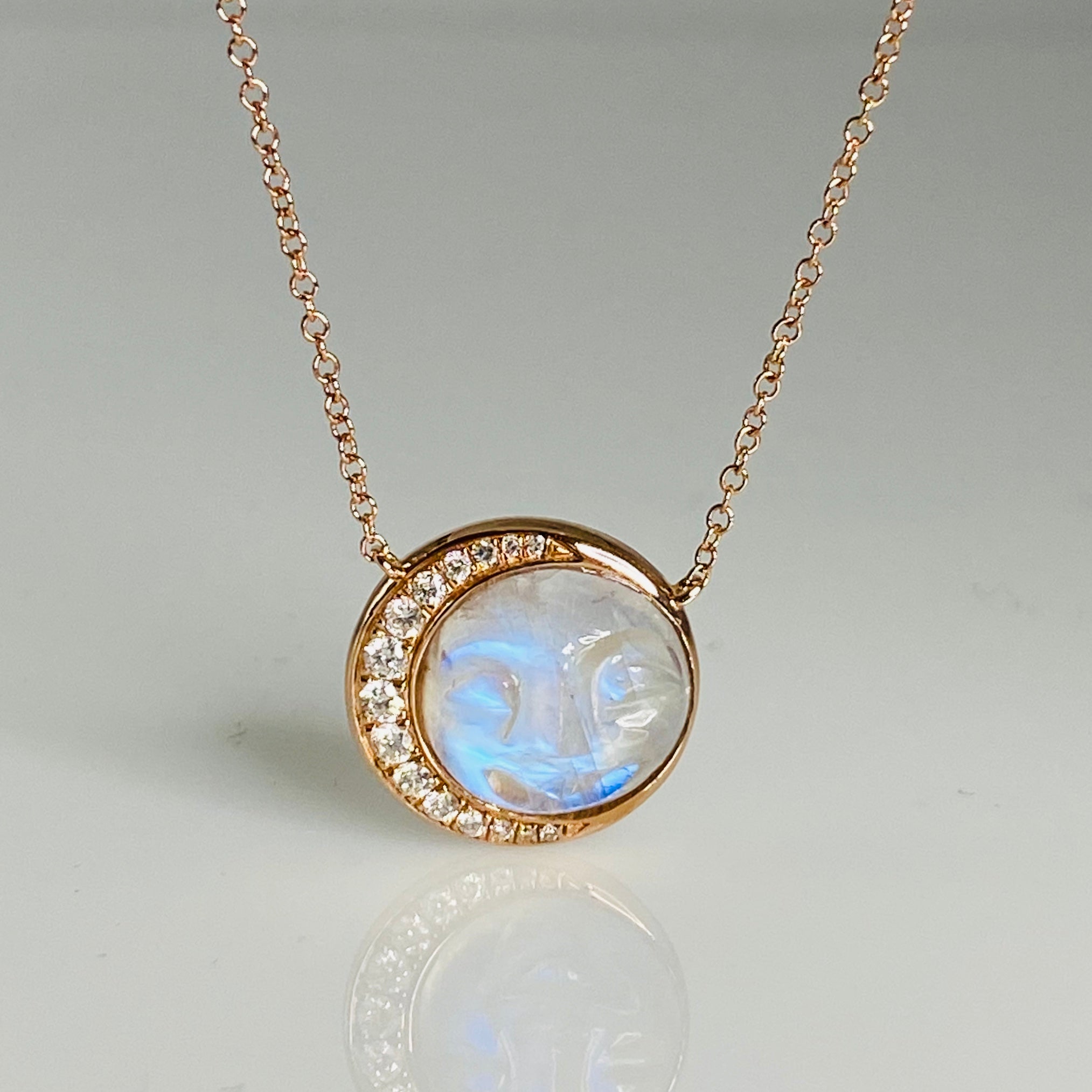 14K Rose Gold Rainbow Moonstone Moon Face Diamond Necklace – KyleChanDesign